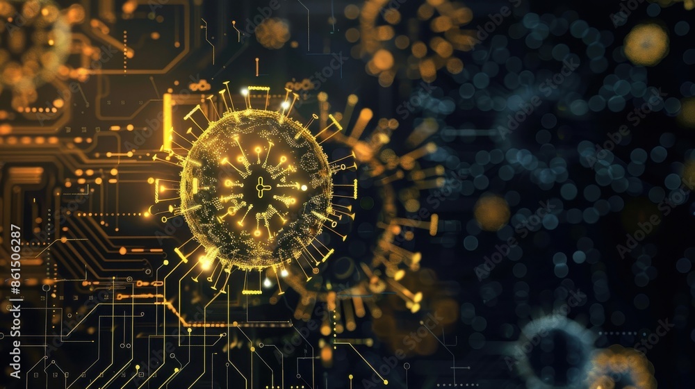 Virus icon, gold password entry field, network diagram, front view ...