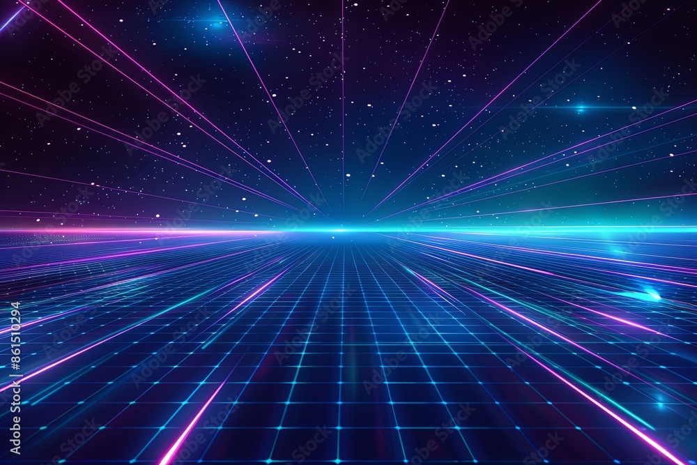Retro 80s video game background with grid of blue light streaking in ...