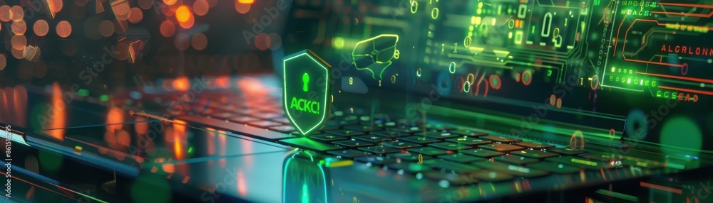Laptop with shield, green access granted message, encrypted data symbol ...