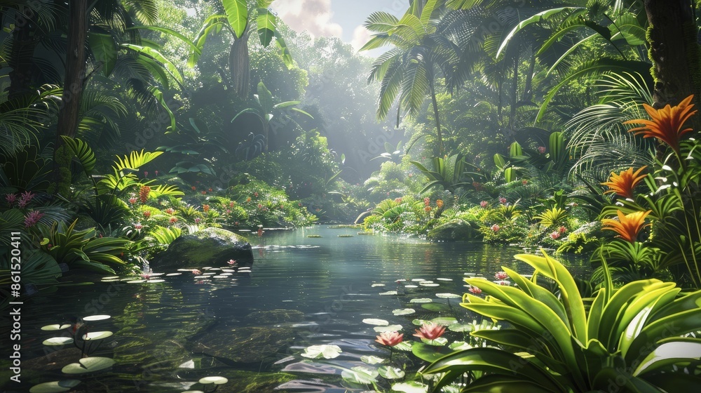 A lush tropical landscape with diverse flora and fauna illustrates the ...