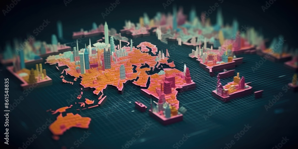 Highly detailed 3D world map with city building representations and ...