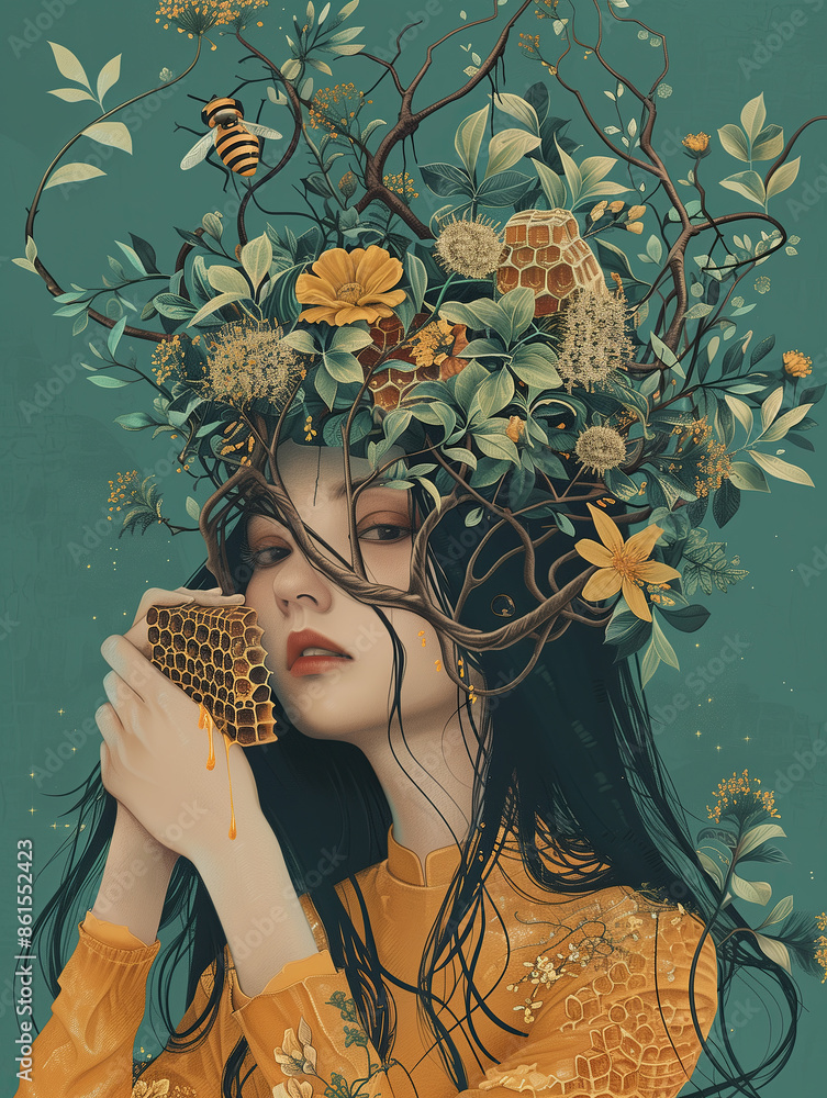 Ilustración de Stock 2D Art of Woman with Vine and Flower Crown Holding ...