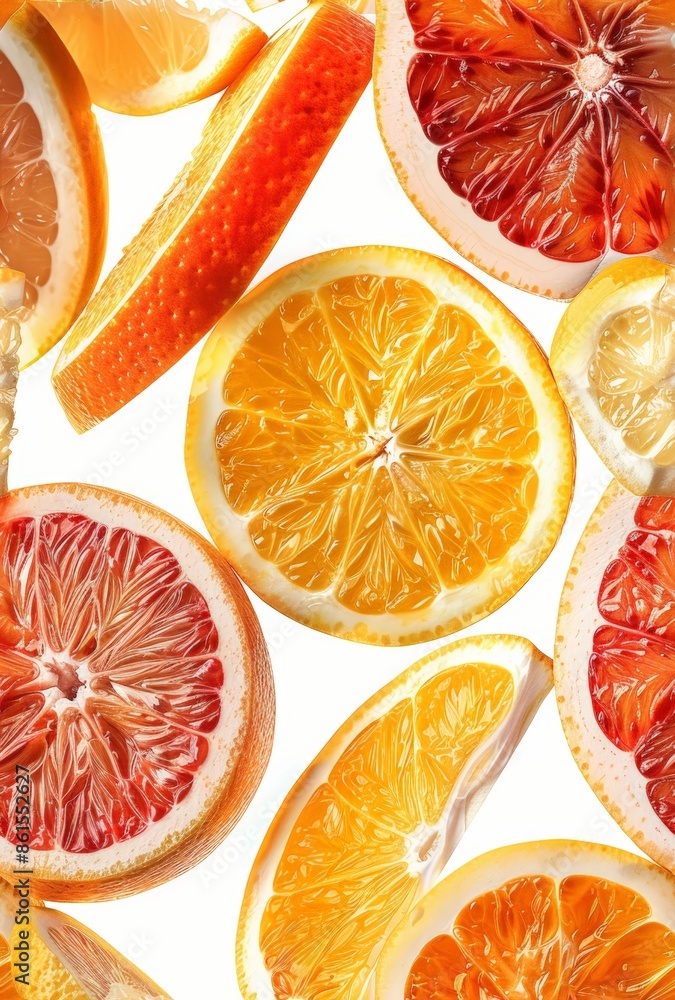 Delicate citrus slices and parts in minimalistic style with summer soft ...