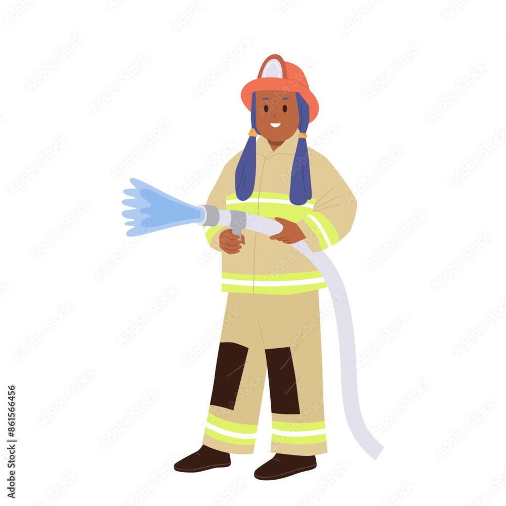 Smiling brave preteen girl child isolated cartoon firefighter character ...