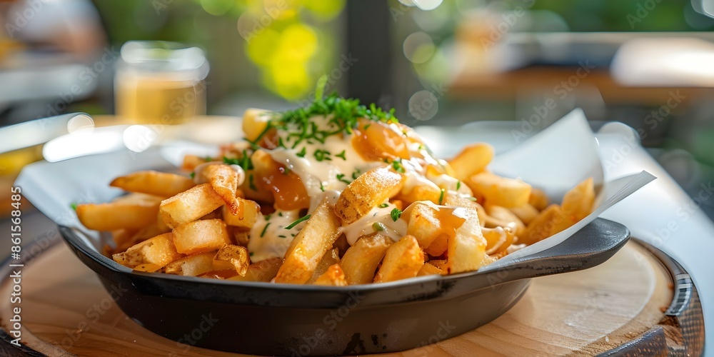 Scandinavian cafe serving traditional poutine dish. Concept ...
