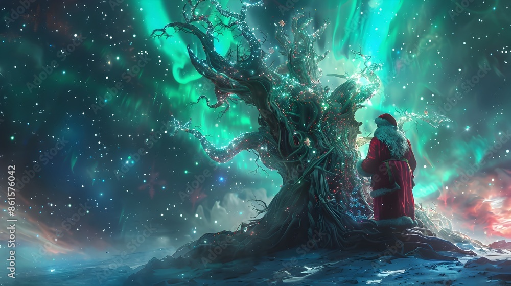 Santa Summoning the Magic of the Northern Lights to Decorate an ...