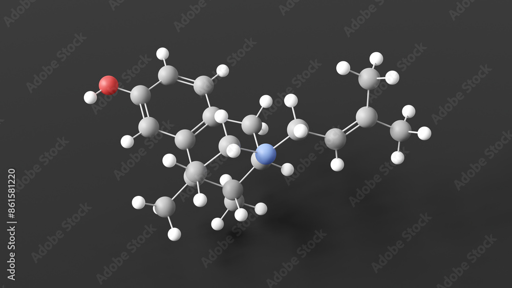 pentazocine molecule 3d, molecular structure, ball and stick model ...