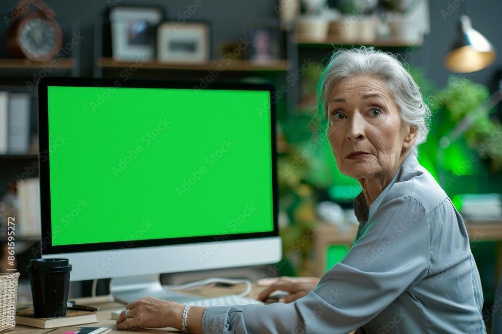 App mockup shoulder view of a middle-aged woman in front of a computer with a completely green ...