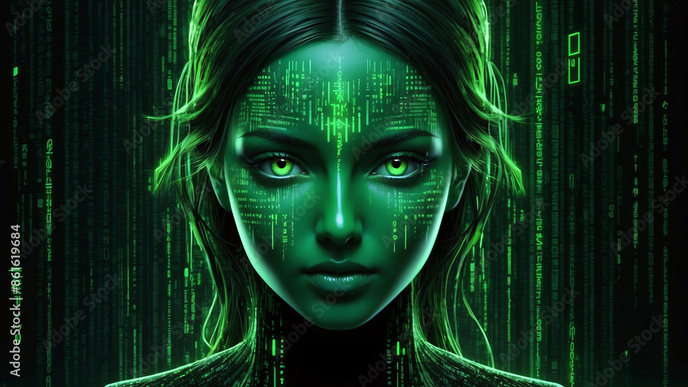 Neon Green Matrix: The AI Female Face of Artificial Intelligence Stock Photo | Adobe Stock