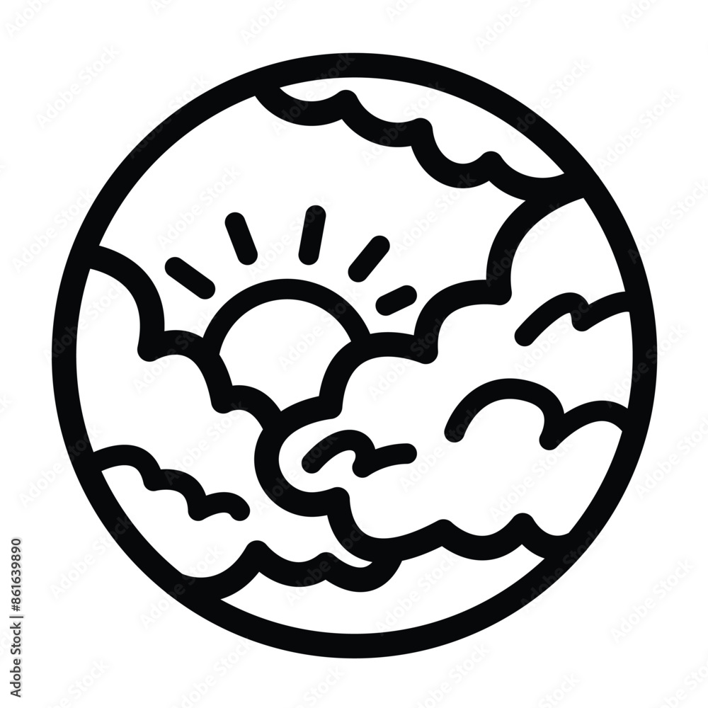 Cloudy or partly sunny weather icon illustration with black outline ...