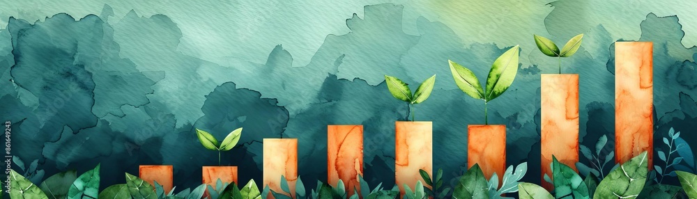 Watercolor illustration showing a bar graph with growing leaves ...
