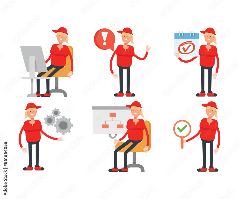 girl wearing cap characters in various poses vector illustration Stock ...