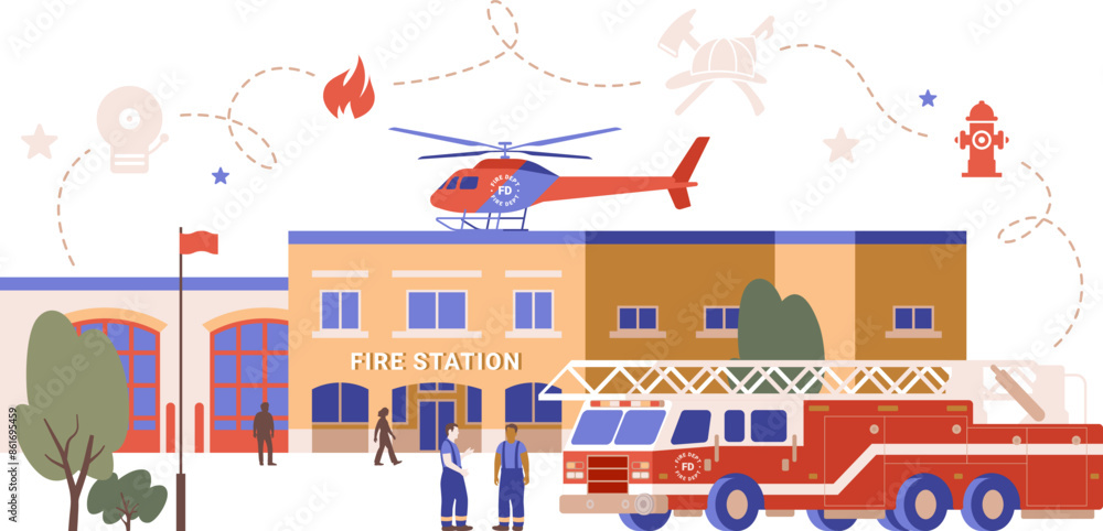 Firefighter and fire station concept. Fire dept building, truck and ...