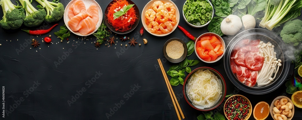 Top-down view of a traditional Japanese shabu-shabu table setup with ...