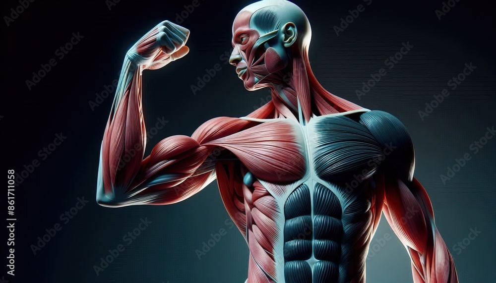 Anatomical illustration of a muscular male flexing arm highlighting ...