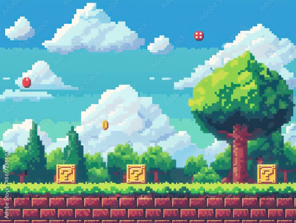 Pixel art game background with button level up. Game design concept in retro style. Vector ...