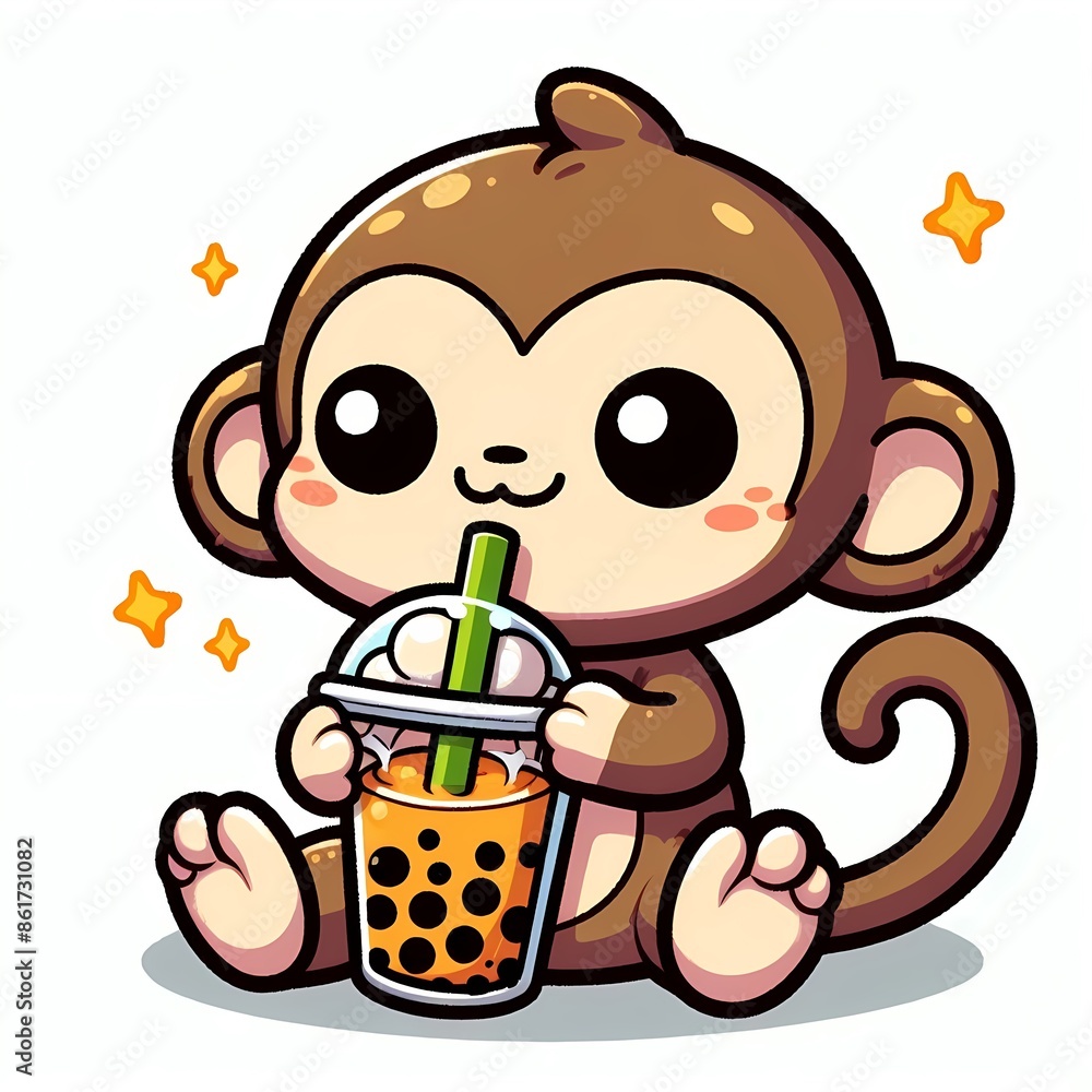 cute monkey drinking boba milk tea cartoon vector icon illustration ...