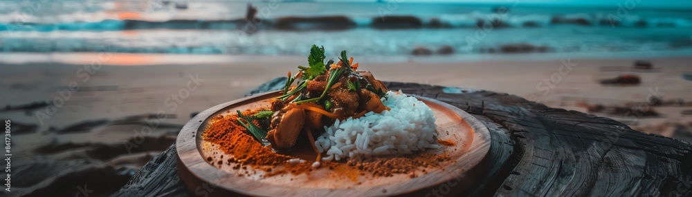 A serving of Filipino adobo with chicken marinated in soy sauce and ...