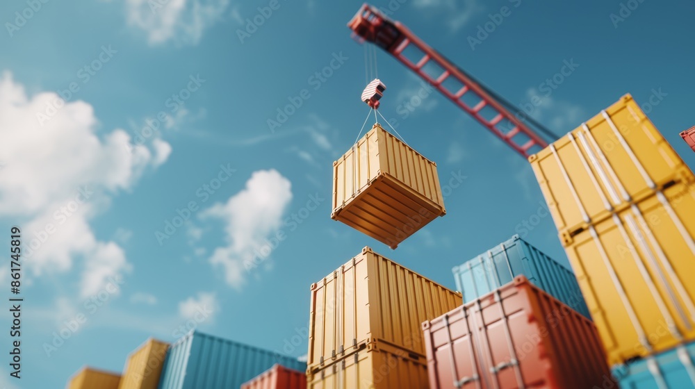 Detailed view of crane maneuvering empty shipping containers, logistics ...