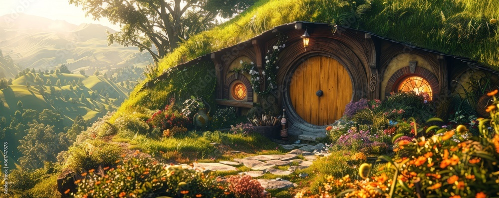 A hobbit living in a cozy hole in the side of a hill, smoking a pipe ...
