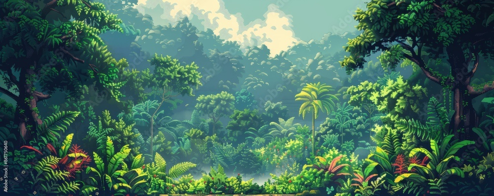A pixel art rendition of a dense rainforest teeming with life, its trees towering overhead and ...