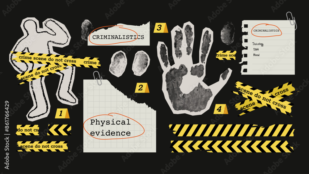 Forensic science collage elements, including a chalk outline, evidence ...