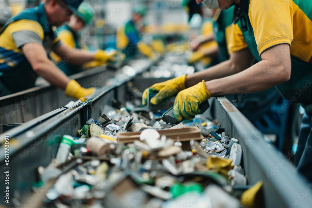 Workers sorting recyclable materials on a conveyor belt at a recycling ...