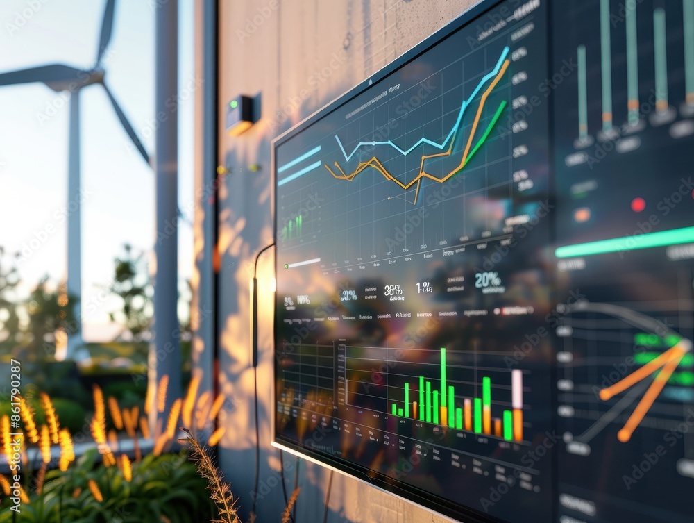 Renewable energy data analysis on digital monitor at solar and wind power plant. Sustainable ...