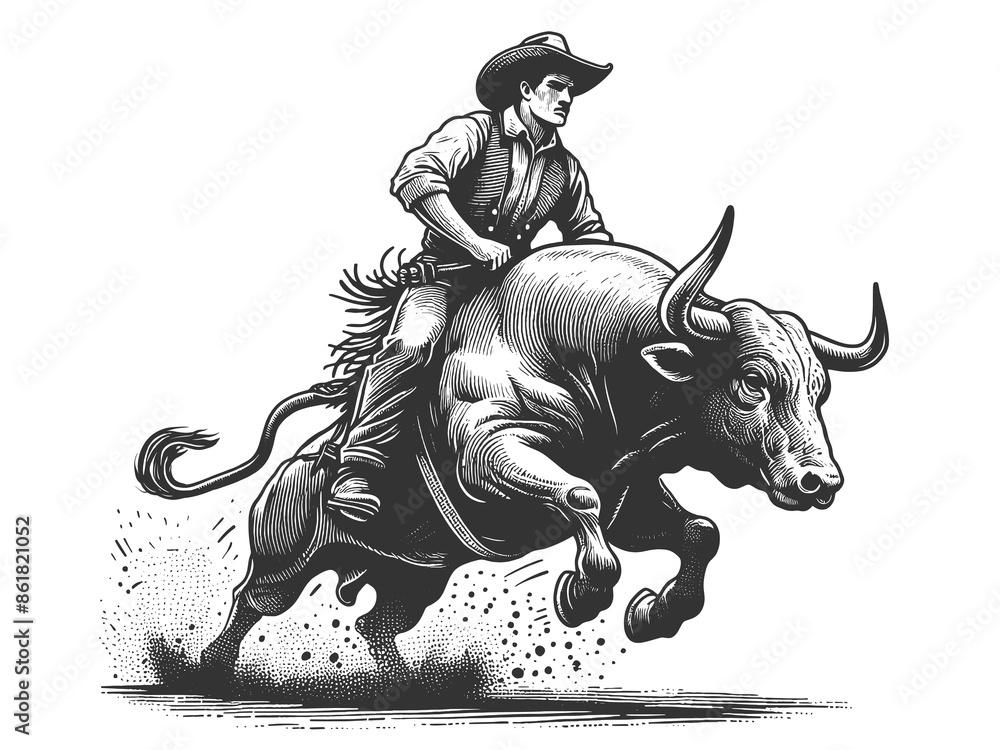 thrilling action of a rodeo cowboy expertly riding a bucking bull ...