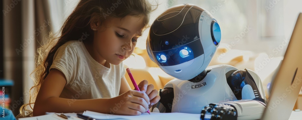 Little girl doing homework with the help of a friendly robot in a ...