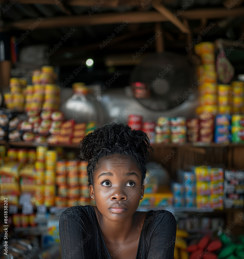 sad / worried young african american seller in local shop; girl 20s 30s ...
