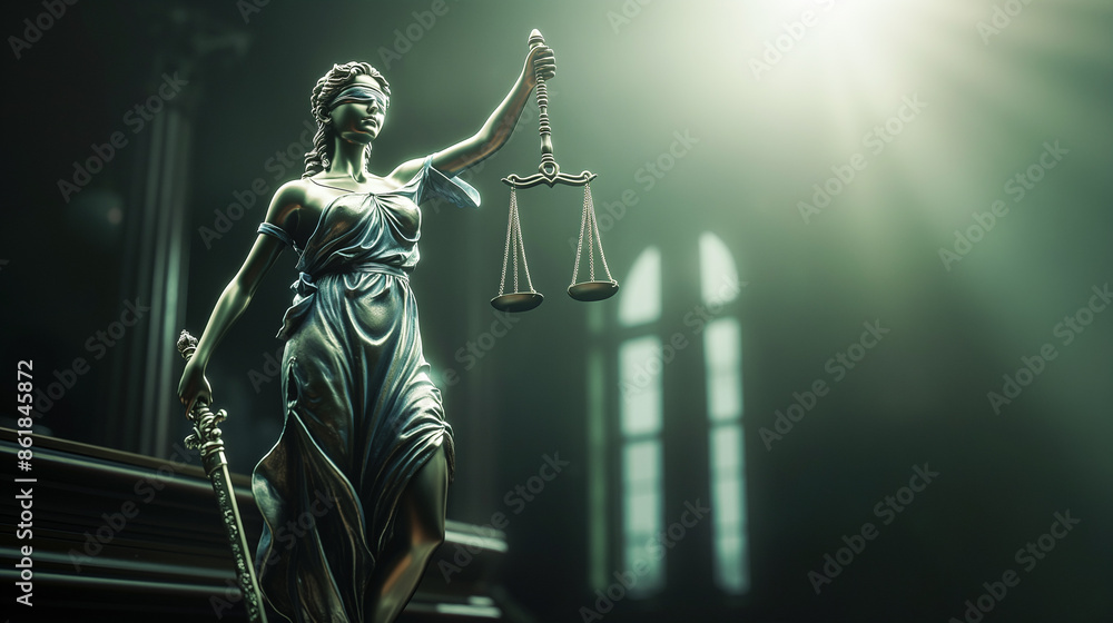 Lady Justice with scales and sword on a dark green courtroom background ...