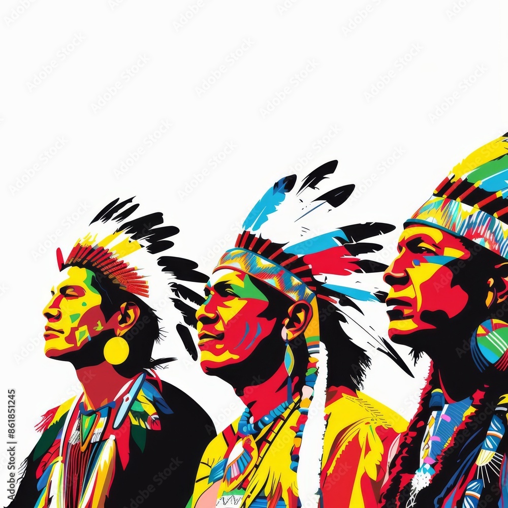 Vivid pop art depiction of Indigenous leaders in traditional attire ...