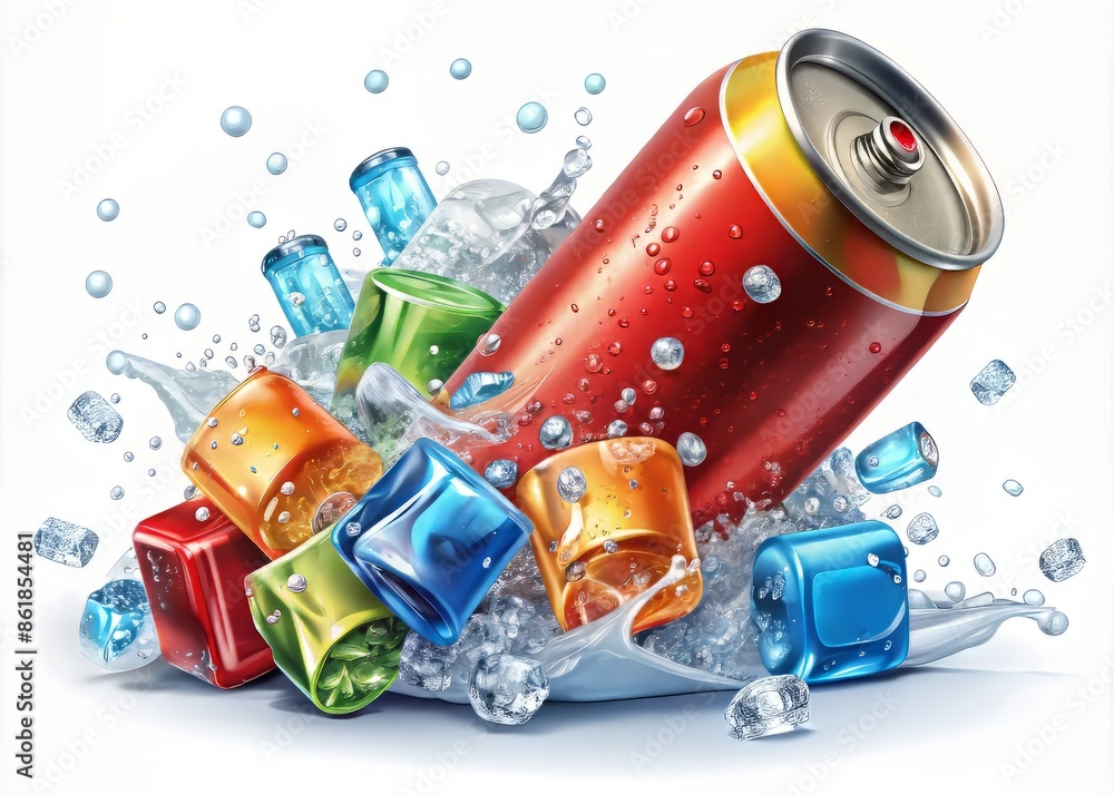 Colorful illustration of a spilled can of fizzy soda with soda bubbles ...