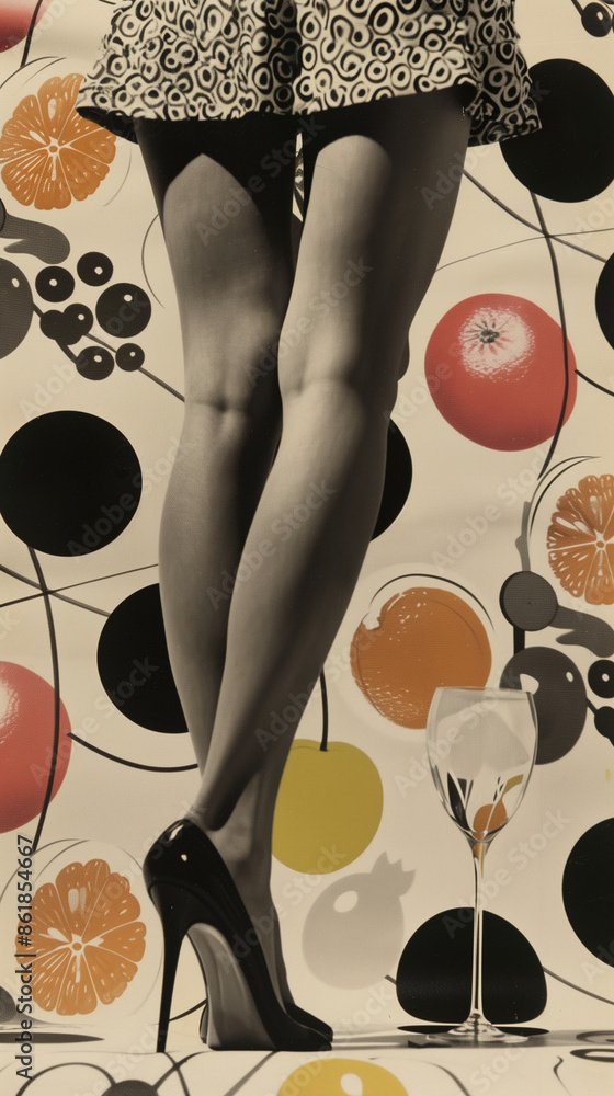 Pop art wallpaper with fit woman leg and fruits, healthy body collage ...