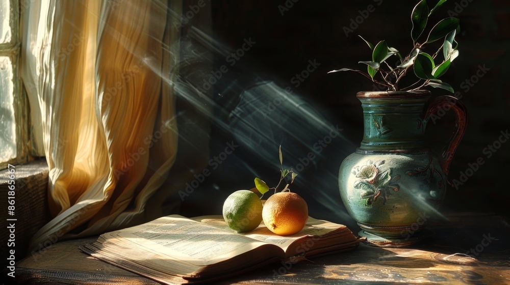 Sunlight bathes an open book, fresh lemons on a wooden table, and a ...