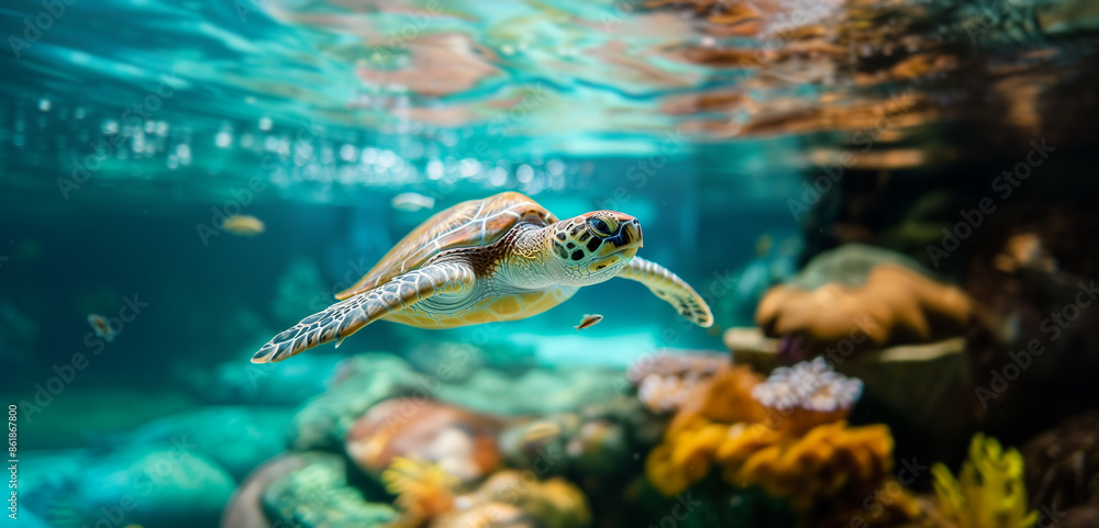 Sea turtle swims underwater on coral reefs and beaches. Marien turtle ...