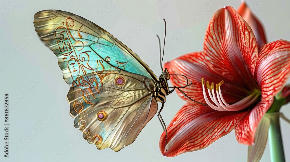 A butterfly with wings adorned with a detailed Egyptian papyrus scroll ...