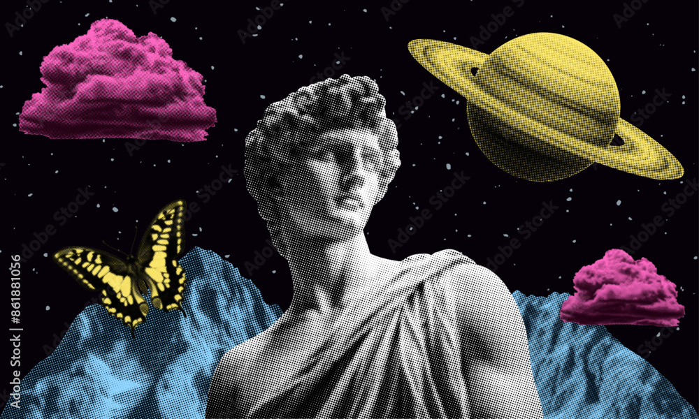 psychedelic surrealistic atmosphere space concept collage with statue ...
