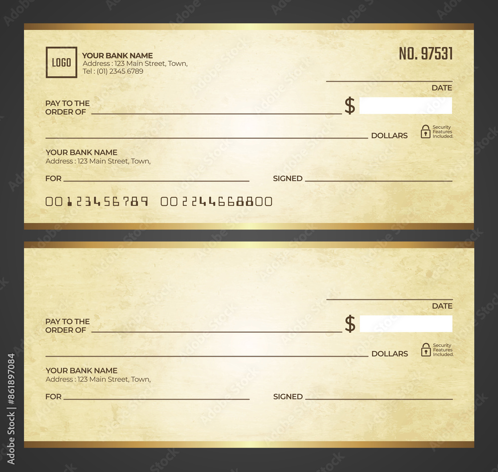Blank bank check. Checkbook cheque template. Checkbook cheque template ...