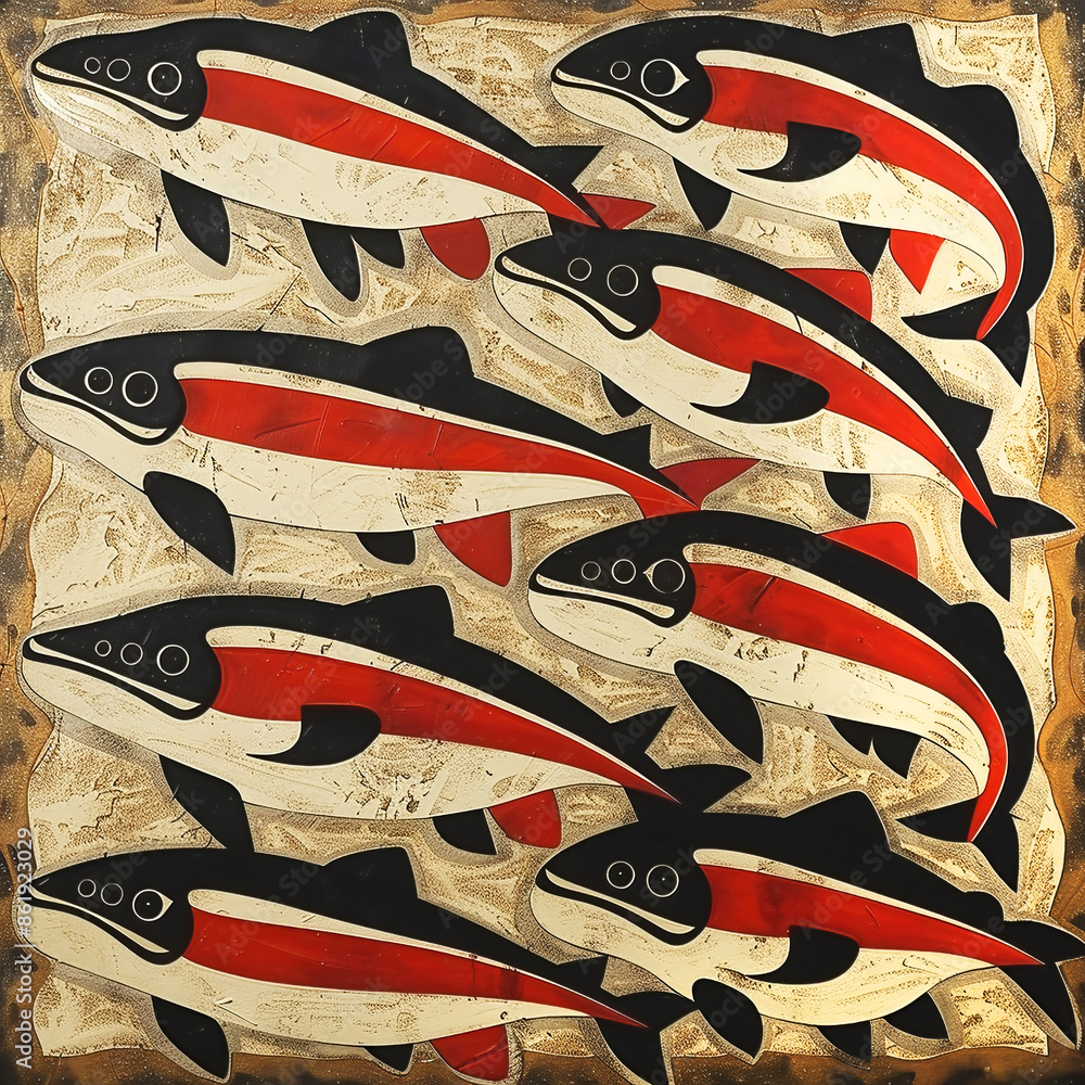 Traditional Inuit Haida Eskimo folk art of a stylized salmon run in ...