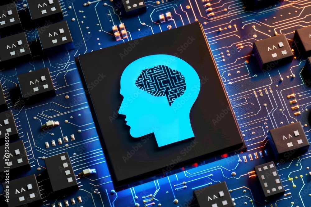 AI head profile on circuit board, artificial intelligence, cognitive ...