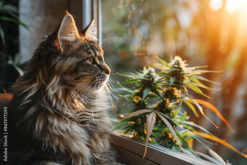 Cat Sitting on a Windowsill with a Cannabis Plant Outside High ...