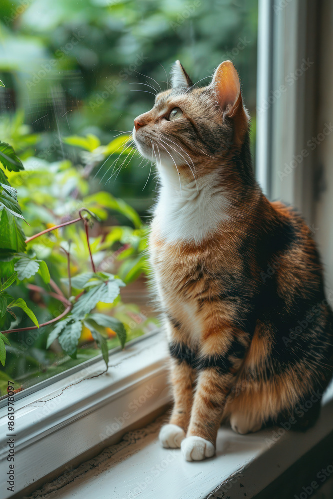 High Resolution Image of Cat Sitting on Windowsill with Lush Green ...