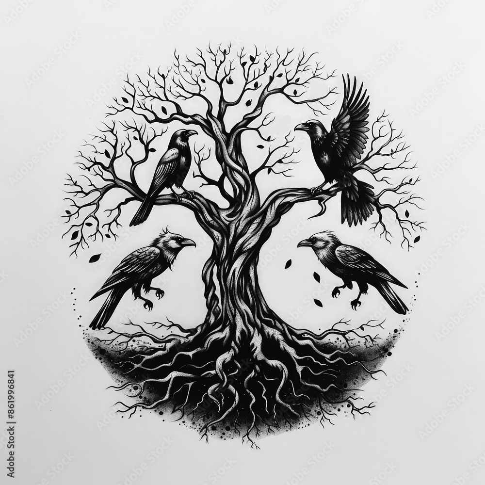 Black and white illustration of the Yggdrasil tree from Norse mythology ...