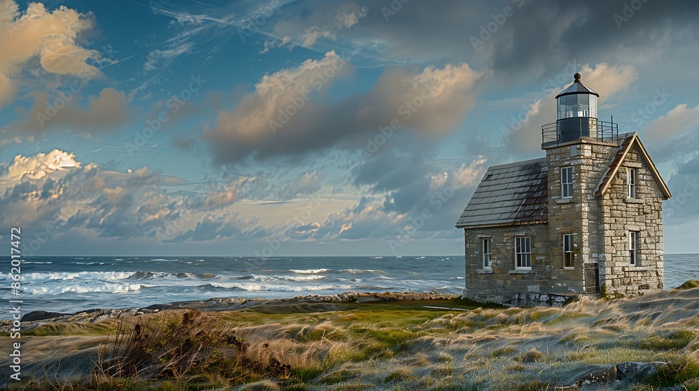 historic lighthouse on a rugged coastline, its stone siding weathered ...