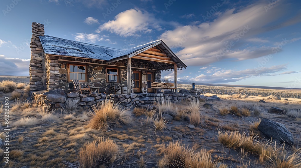 remote cabin with a facade of stacked fieldstone, offering a rugged ...