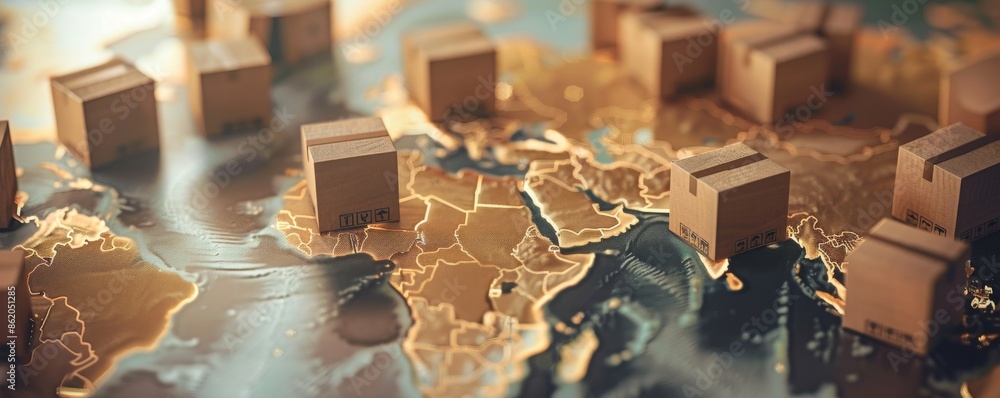 A global map with cardboard boxes placed on various countries ...