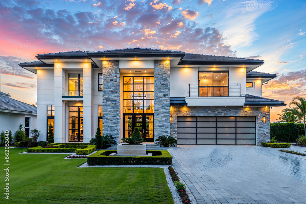 Modern luxury home exterior, evening dusk, paver driveway and faux ...