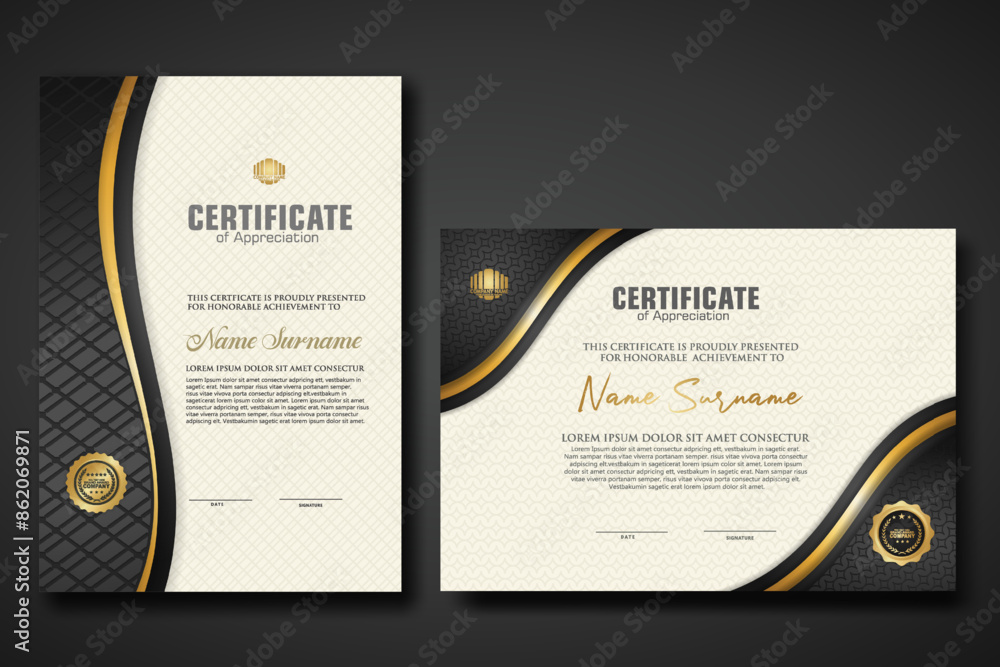 Luxury certificate template with textured effect dan line gold shine on ...